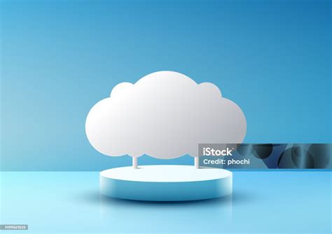 푸른 하늘 배경에 흰 구름 종이 배경이 있는 3d 현실적인 빈 파란색 연단 0명에 대한 스톡 벡터 아트 및 기타 이미지 0명 3차원 형태 가정의 방 Istock