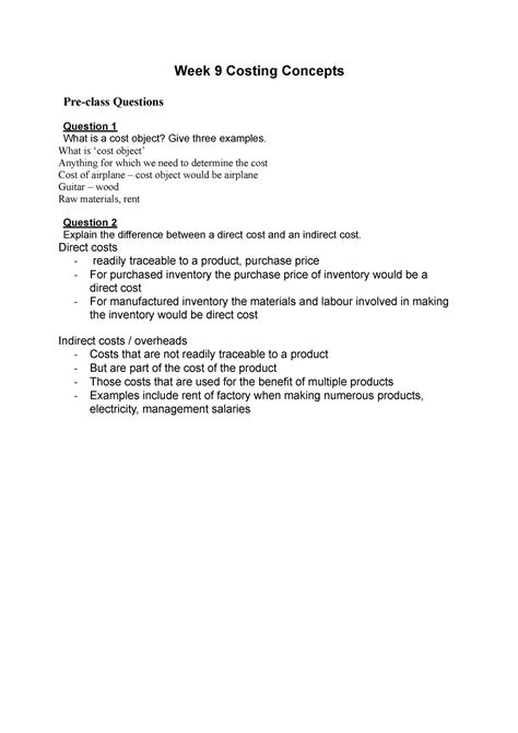 Week 9 Pre Class Questions Week 9 Costing Concepts Pre Class Questions Question 1 What Is A