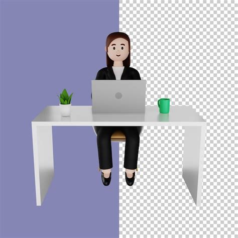 노트북 3d 렌더링 3d 캐릭터 앞에 앉아 공식적인 옷을 입은 여성 프리미엄 Psd 파일