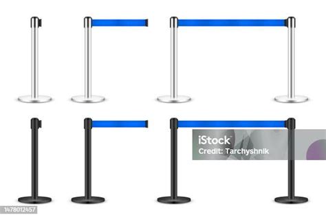 현실적인 파란색 개폐식 벨트 지지대 주의 스트랩이 있는 군중 통제 장벽 기둥 대기열 줄 제한 국경 및 위험 테이프 주의 경고 표시 벡터 그림 0명에 대한 스톡 벡터 아트 및