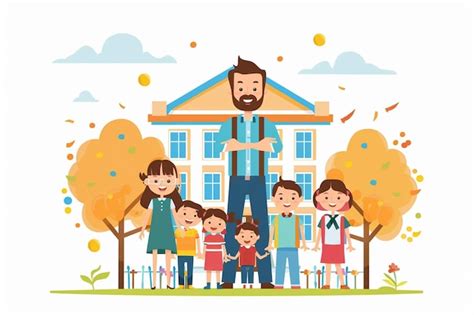 Un Padre Con Sus Hijos Frente A La Escuela Vector Premium Generado Con Ia