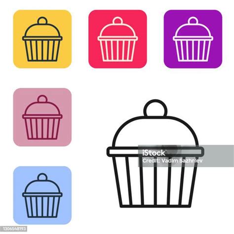 흰색 배경에 격리 된 검은 줄 케이크 아이콘 생일 축하해요 색상 정사각형 단추로 아이콘을 설정합니다 벡터 공휴일에 대한 스톡 벡터 아트 및 기타 이미지 Istock