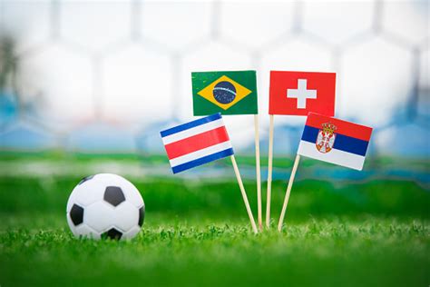 브라질 스위스 코스타리카 세르비아의 국가 플래그입니다 축구 경기장에 푸른 잔디에 플래그 Championship에 대한 스톡 사진 및 기타 이미지 Istock