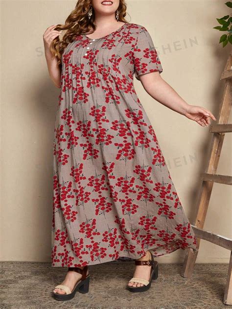 Shein Curve Plus Size Ditsy Floral Long Summer Dress With Sleeves Half