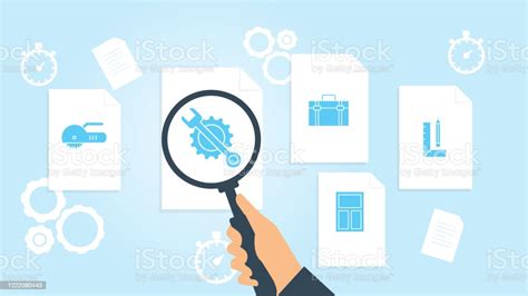 검색 아이콘으로 문서작성합니다 파일 및 돋보기 분석 연구 기호입니다 벡터 일러스트레이션 건물 측정 파일 문서 연구 벡터 일러스트