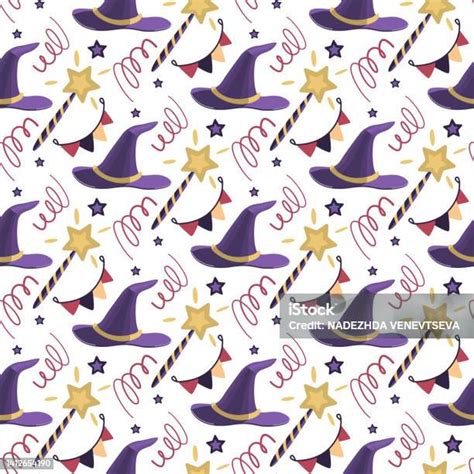 마법의 지팡이 마법사의 모자 별 색종이 및 흰색 배경에 화환이있는 벡터 이음새가 없는 패턴 패턴은 할로윈 디자인에 사용할 수 있습니다 10월에 대한 스톡 벡터 아트 및 기타