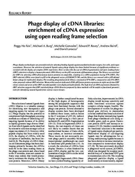Pdf Phage Display Of Cdna Libraries Enrichment Of Cdna Expression Using Open Reading Frame