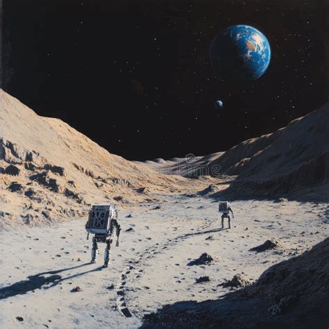 Two Astronauts Exploring The Rugged Surface Of The Moon Stock Image Image Of Futuristic Lunar