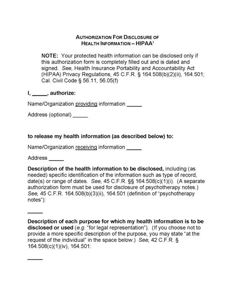 Sample Authorization For Disclosure Of Health Information Hipaa