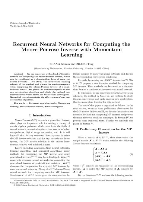 Recurrent Neural Networks For Computing The Moore Penrose Inverse With