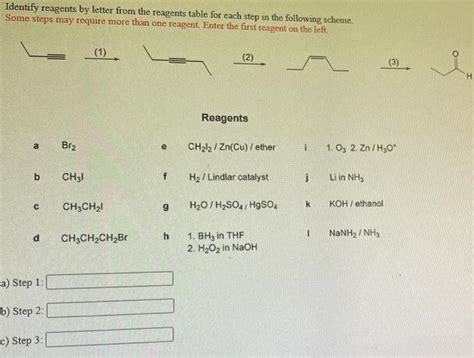 identify reagents by letter from the reagents table for each step in