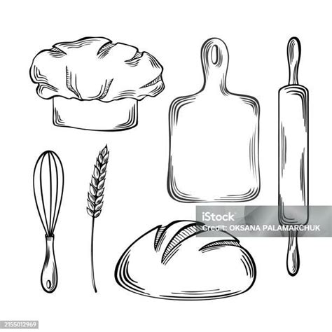 빵과 베이킹 도구 요리사 모자에서 도마 밀대 거품기로 설정 이삭과 둥근 덩어리 벡터 그래픽 그림 절연 포장 요리책 메뉴 웹 사이트를위한 템플릿 빵에 대한 스톡 벡터 아트 및