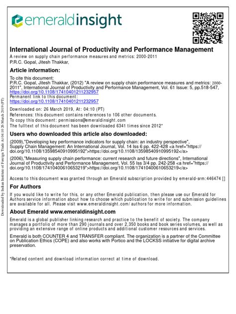 Review Of Supply Chain Measure And Performance 2012 Pdf Supply Chain Performance Indicator