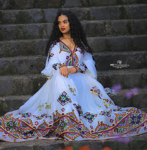 Colorful V Neck Embroidery Tibeb Ethiopian Traditional Dress