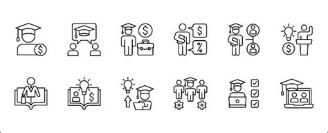 비즈니스 교육 아이콘 세트입니다 직원 코칭 아이콘 학사 훈련 멘토링 자격 학습 학습 비용 전문적 교육받은 근로자의 상징이 포함되어 있습니다 벡터 일러스트 레이 션 강사에
