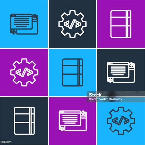 세트 라인 Ui 또는 Ux 디자인 스케치북 앨범 및 프론트 엔드 개발 아이콘을 설정합니다 벡터 0명에 대한 스톡 벡터 아트 및