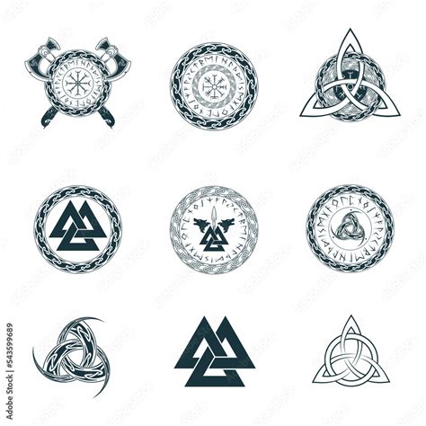 Viking Symbols Collection Isolated Set Of Nine Pagan Norse Sign Vegvisir Triquetra Valknut