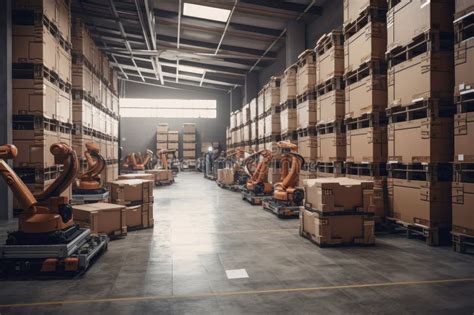Warehouse With Multiple Robots Performing Different Tasks Such As Picking Packing And