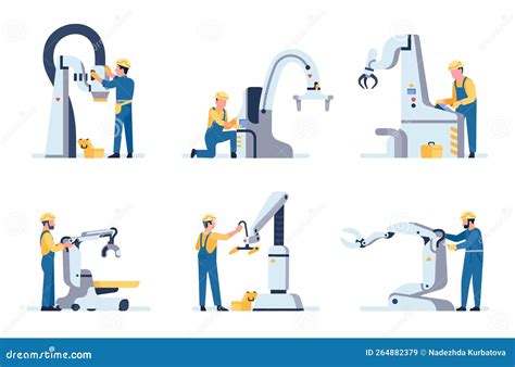 Robotics Experts Make Repairs Conveyor Belt Equipment Maintenance Workman Fixing Assembly