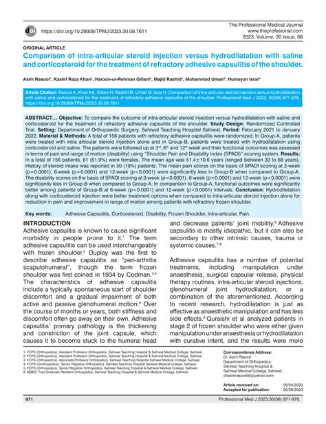 Pdf Comparison Of Intra Articular Steroid Injection Versus Hydrodilatation With Saline And