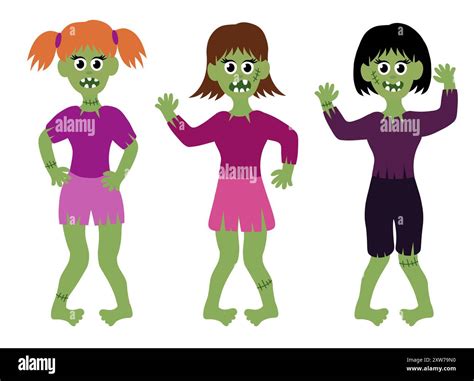 Collection Of Zombie Girls Halloween Set Cartoon Flat Vector