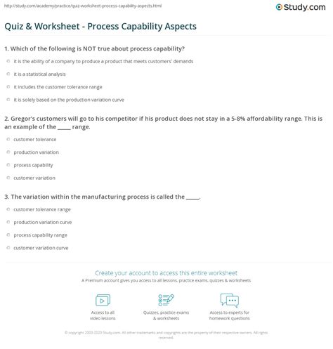 Quiz And Worksheet Process Capability Aspects