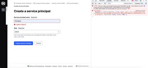 Object Object Error While Creating A Service Principal In Hcp Vault