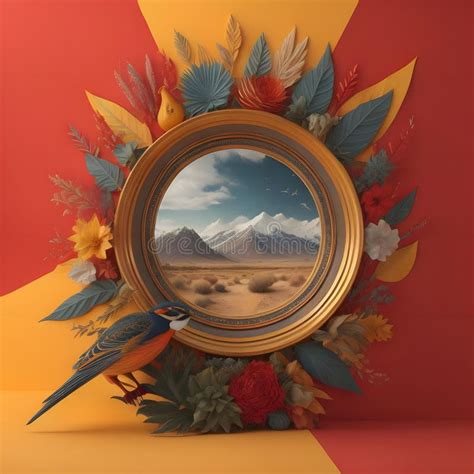 A Round Frame With A Bird And Flowers In The Desert Generative Ai Stock Illustration