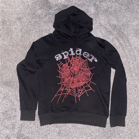 Sp5der Black And Red Rhinestone Hoodie Size L Barley Depop