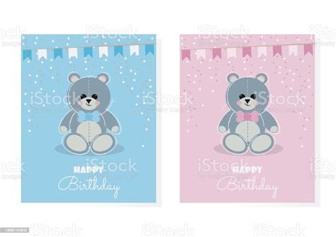 귀여운 테디 베어와 파란색과 분홍색 배경에 설정 인사말 카드 생일 축하합니다 감사합니다 당신을 사랑해요 0명에 대한 스톡 벡터 아트 및 기타 이미지 Istock