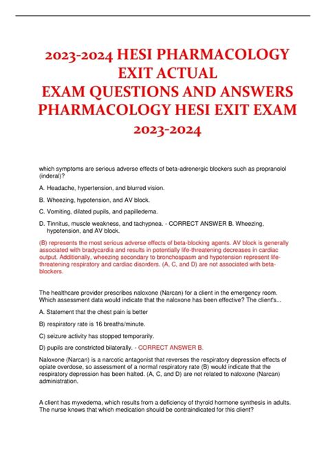 HESI PHARMACOLOGY EXIT ACTUAL EXAM QUESTIONS AND ANSWERS PHARMACOLOGY HESI EXIT EXAM
