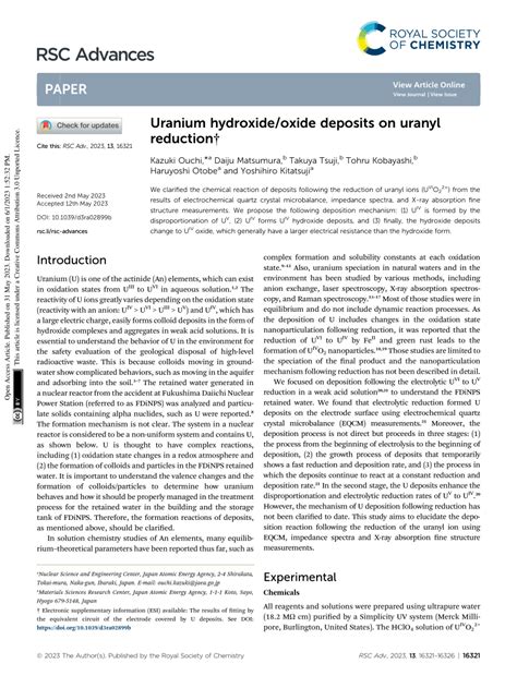 Pdf Uranium Hydroxideoxide Deposits On Uranyl Reduction