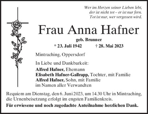 Traueranzeigen Von Anna Hafner Mittelbayerische Trauer
