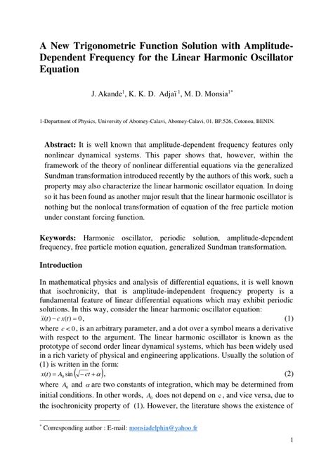 Pdf A New Trigonometric Function Solution With Amplitude Dependent