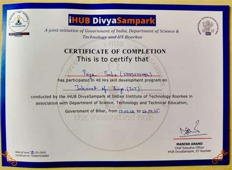 Skilldevelopment Iitroorkee Ihubdivyasampark Certificateofcompletion Priya Sinha