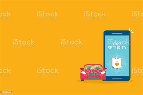 자동차 자동차 보안 시스템 자동 경보 개념입니다 화면 전화에 알람 자동 응용 프로그램 스마트 폰을 통한 보호 포함 플랫 스타일의 벡터 그림입니다 Brand Name