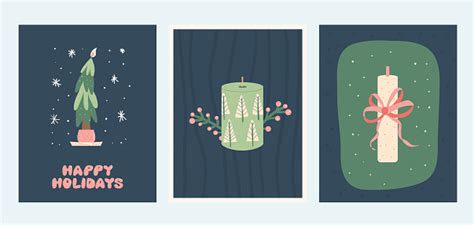 해피 홀리데이 인사말 카드에는 향초와 글자가 적혀 있습니다 겨울 어두운 축제 포스터 모음입니다 새해 세로 배너입니다 크리스마스 파티 전단지 템플릿입니다 벡터 평면 그림 12