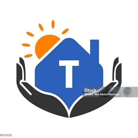 편지 T 기호에 부동산 로고 태양 집과 손 템플릿 개념 안전한 홈 로고 엘리먼트 벡터 건물 외관에 대한 스톡 벡터 아트 및 기타 이미지 건물 외관 건설 산업 건설업자