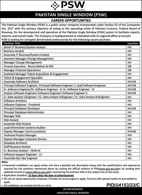 Jobs Available At Pakistan Single Window Psw 2025 Job Advertisement Pakistan