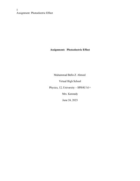 Assignment Photoelectric Effect Assignment Photoelectric Effect Assignment Photoelectric