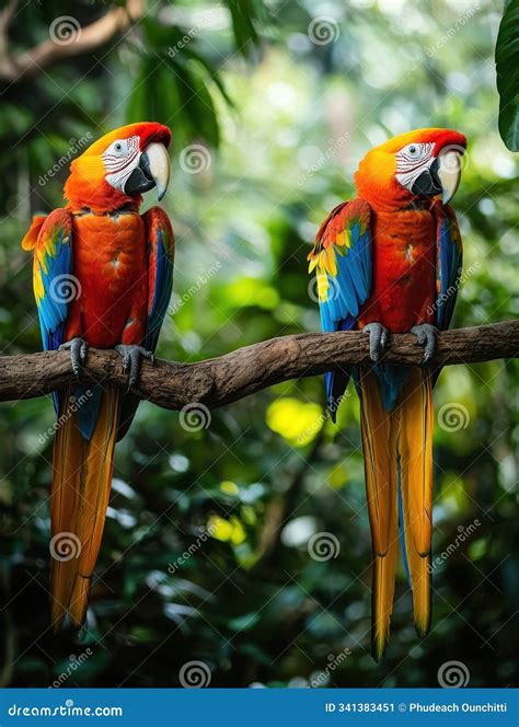 Colorful Macaws Perched On A Tree Branch Stock Illustration Illustration Of Bird Exotic