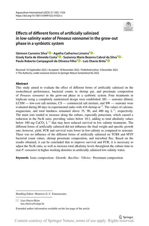 Effects Of Different Forms Of Artificially Salinized In Low Salinity Water Of Penaeus Vannamei