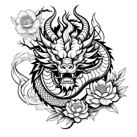 Black And White Chinese Dragon Tattoo Sketch With Peonies Zipper And