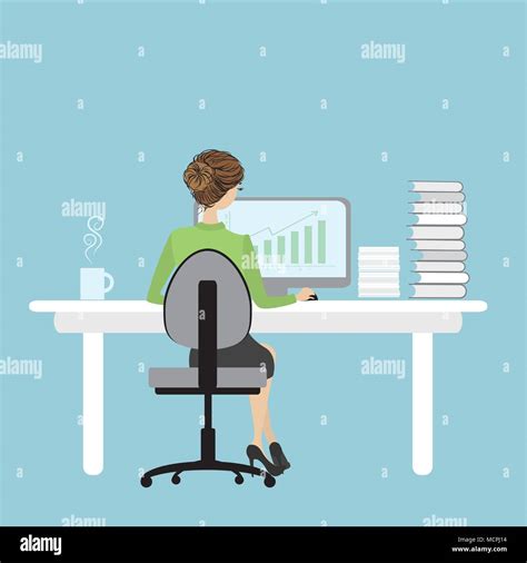 Business Woman Or Office Worker Working On Computer Back Rear View Flat Vector Illustration