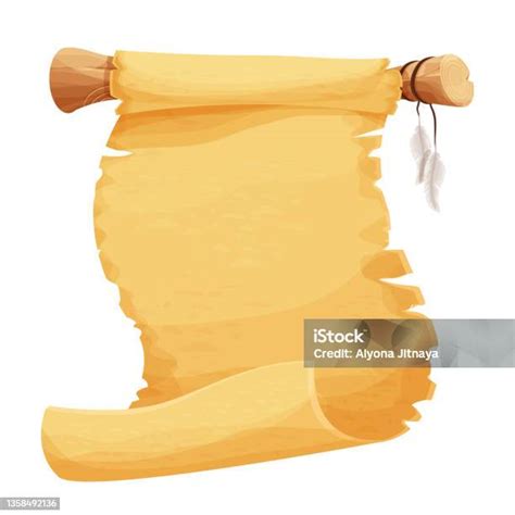 흰색 배경에 고립 된 만화 스타일의 나무 막대기에 깃털로 양피지 스크롤 게임 자산 디자인 요소 고대 중세 종이 벡터