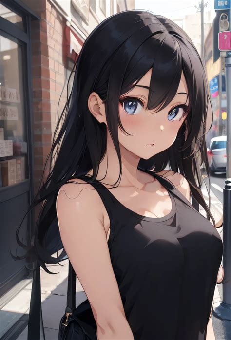 Anime Girl With Long Black Hair And Blue Eyes Standing On The Sidewalk