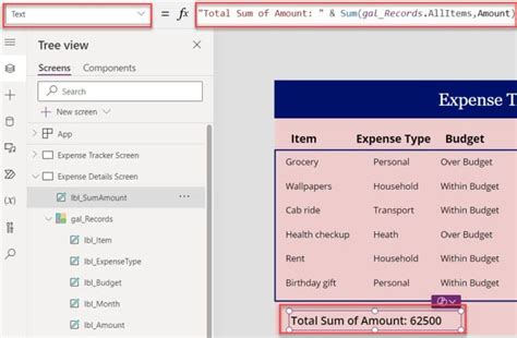 how to sum column in power apps data table