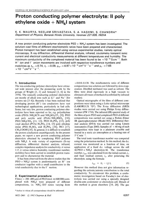 Pdf Proton Conducting Polymer Electrolyte Ii Poly Ethylene Oxide Nh 4 L System