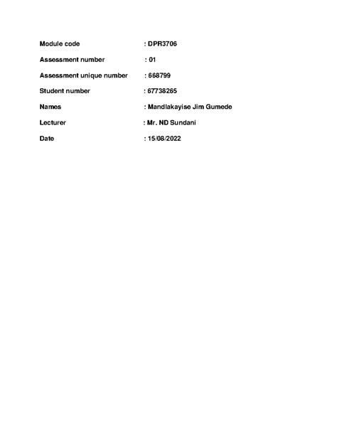 DPR3706 Assignment 01 Module Code DPR Assessment Number 01 Assessment Unique Number