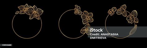 최소한의 선형 스타일의 골드 프레임 템플릿 오키드 꽃과 모노그램 개념의 집합입니다 벡터 플로럴 로고 개체 그룹에 대한 스톡 벡터 아트 및 기타 이미지 Istock